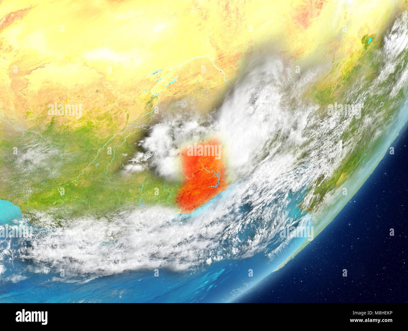 Satellite view of Ghana highlighted in red on planet Earth with clouds ...