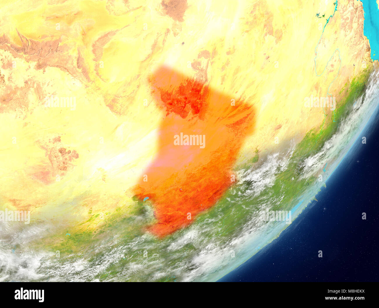 Satellite view of Chad highlighted in red on planet Earth with clouds. 3D illustration. Elements ...