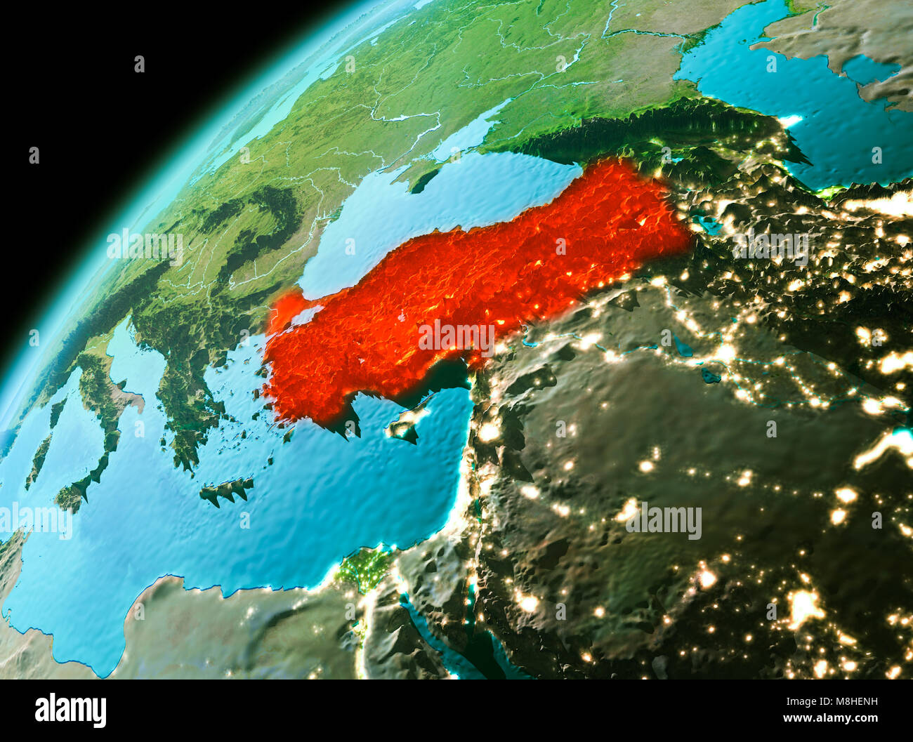 Evening over Turkey as seen from space on planet Earth. 3D illustration ...
