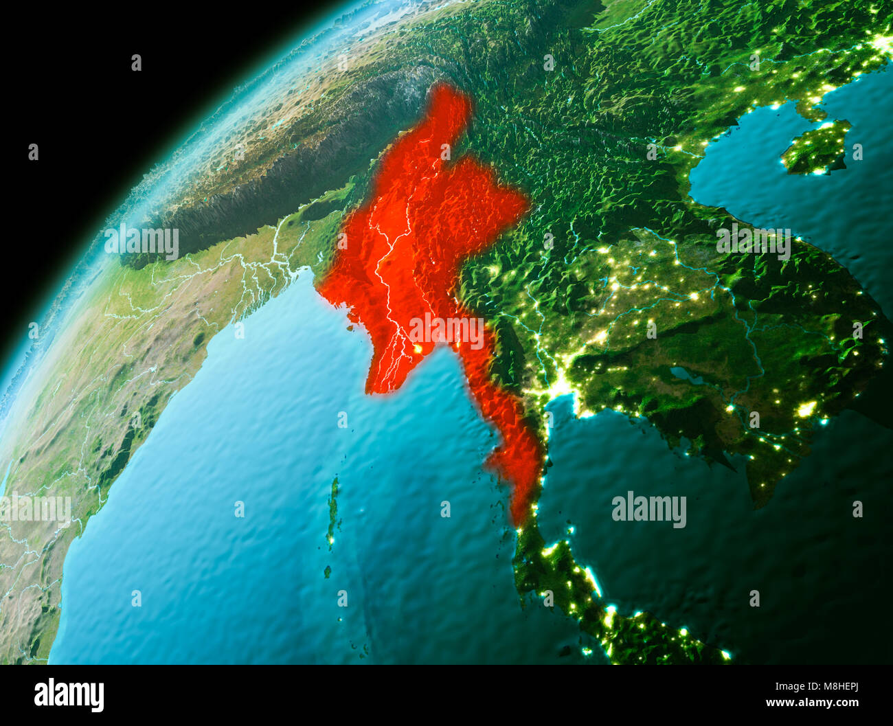 Evening over Myanmar as seen from space on planet Earth. 3D ...