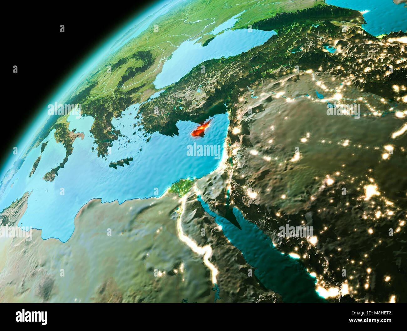 Evening over Cyprus as seen from space on planet Earth. 3D illustration ...
