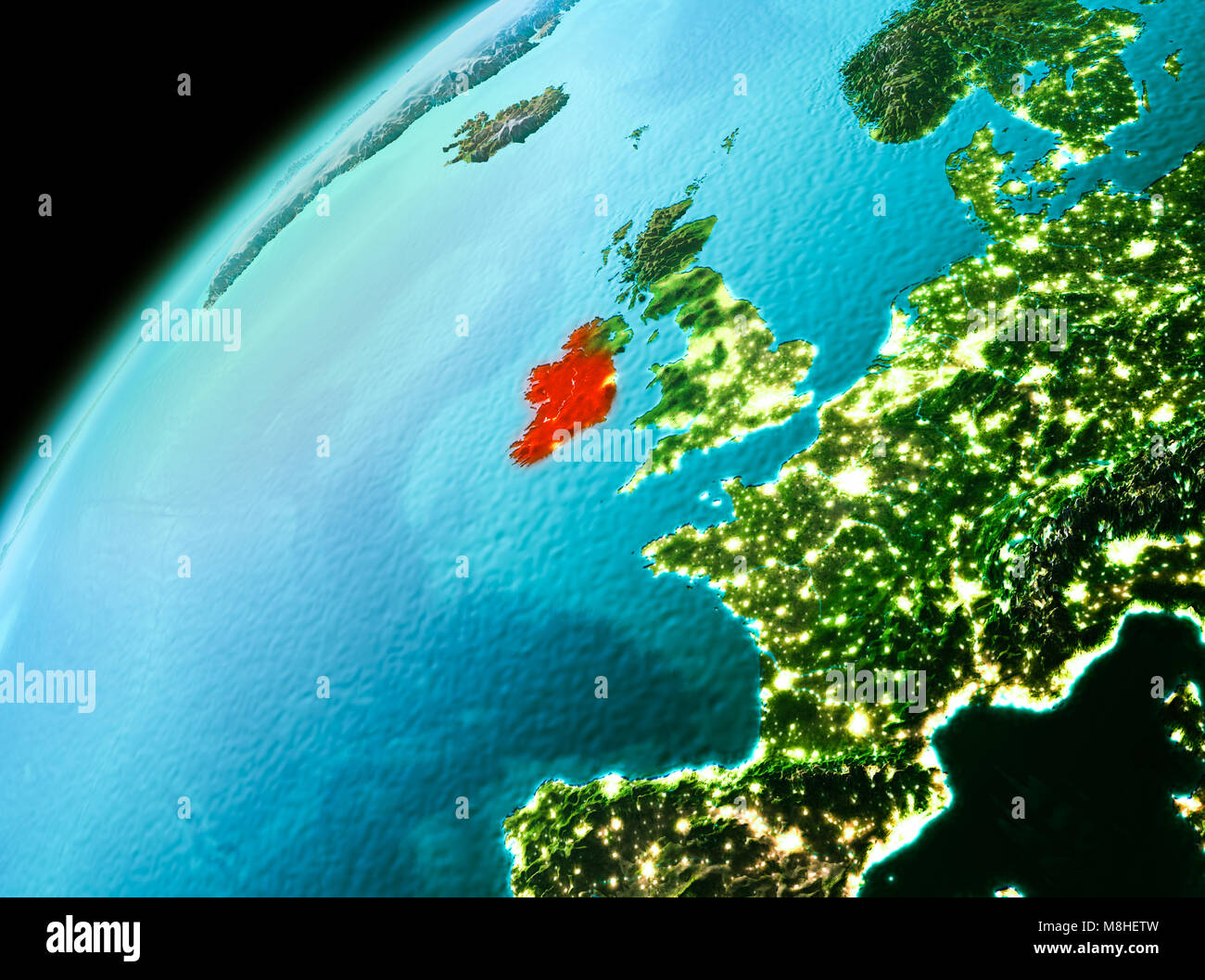 Evening over Ireland as seen from space on planet Earth. 3D ...