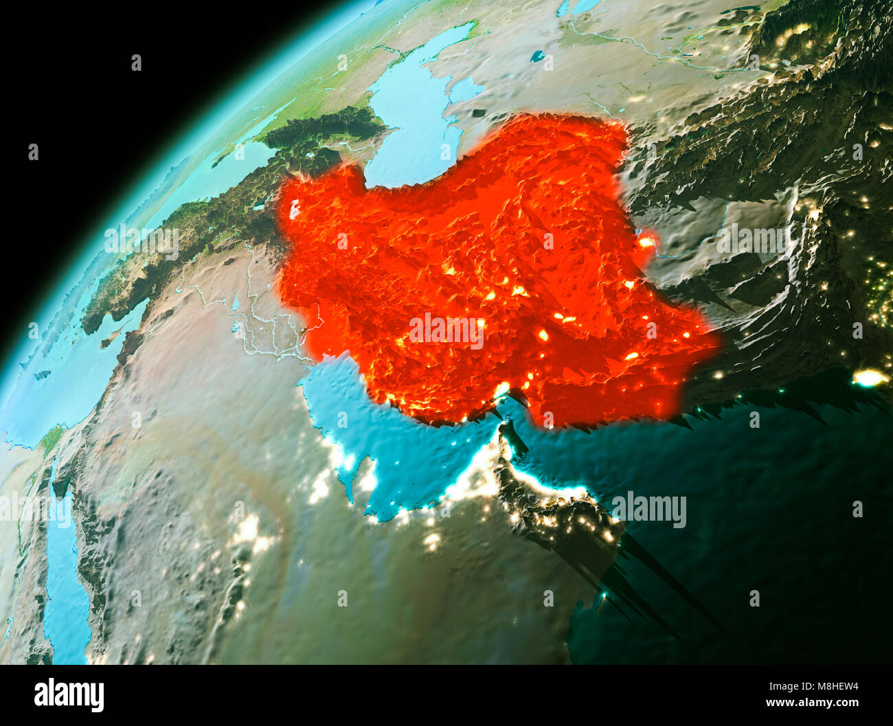 Evening over Iran as seen from space on planet Earth. 3D illustration ...