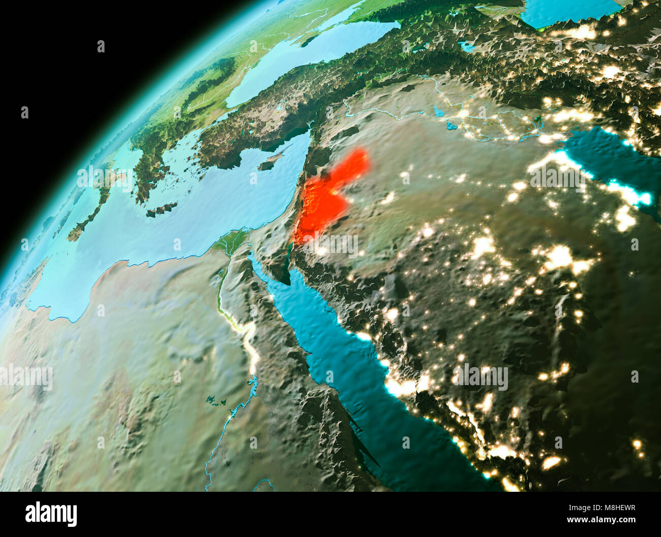 Evening over Jordan as seen from space on planet Earth. 3D illustration ...