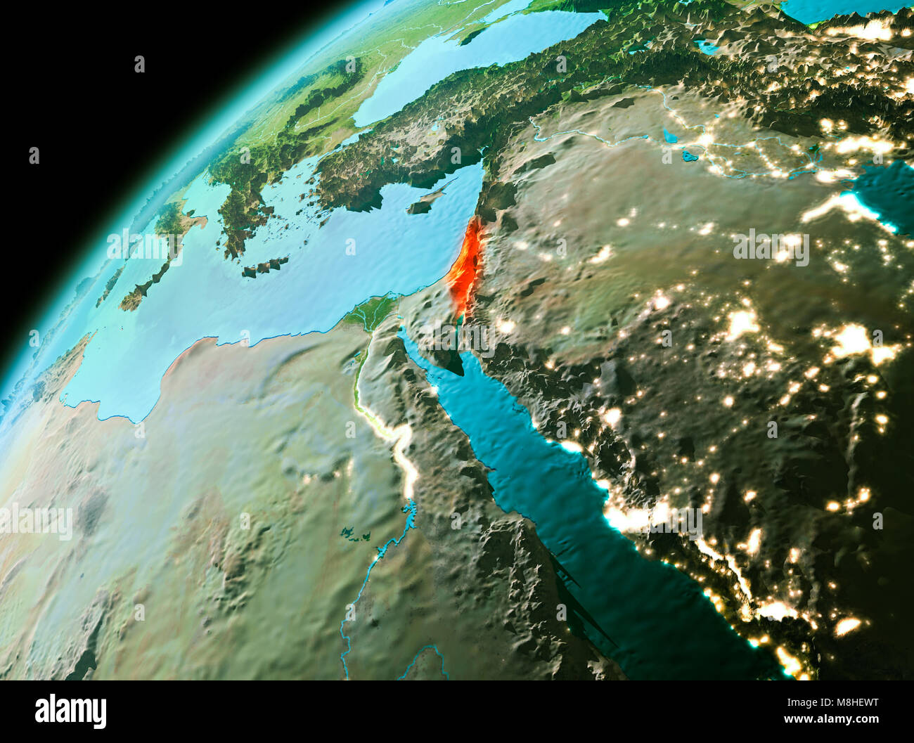 Evening over Israel as seen from space on planet Earth. 3D illustration ...