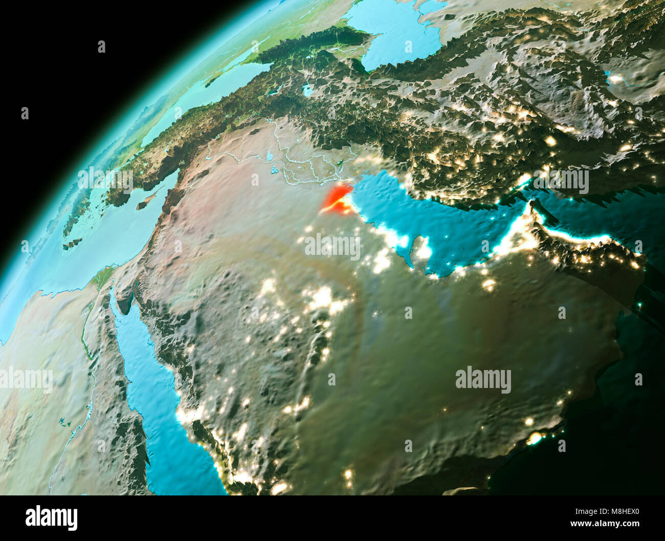 Evening over Kuwait as seen from space on planet Earth. 3D illustration ...