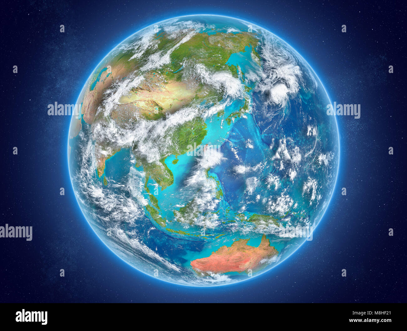 Taiwan in red on model of planet Earth with clouds and atmosphere in ...