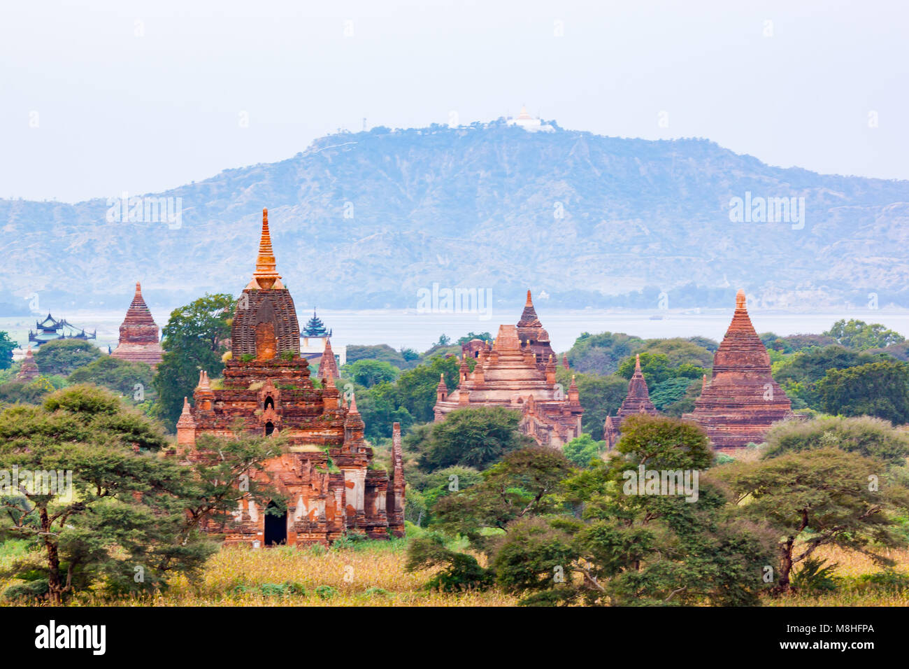 Ancient temple, pagodas and the Ayeyarwady River in Bagan, Myanmar ...