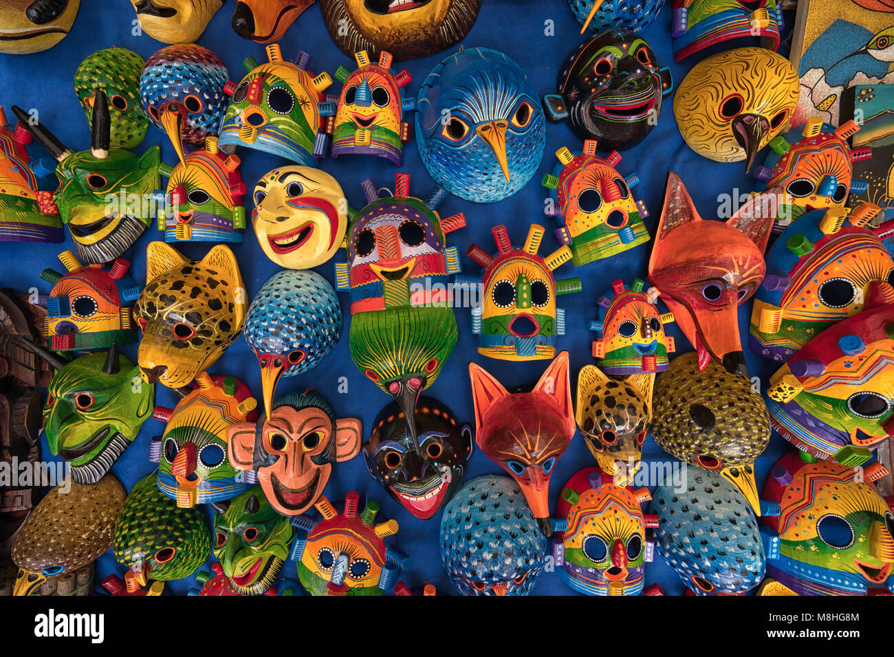 Otavalo, Ecuador - March 3, 2018: closeup of colourful indigenous wood ...