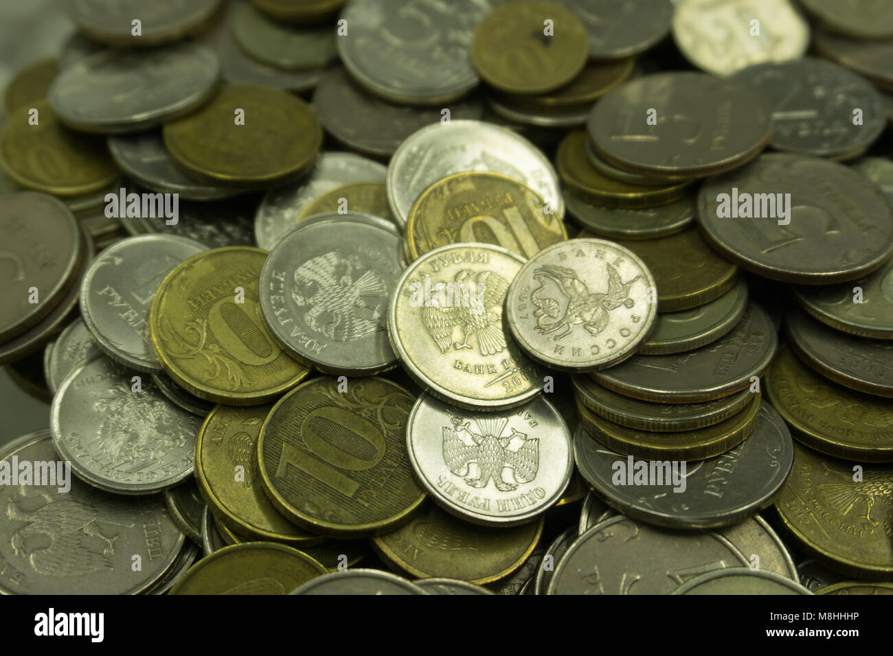 Background of metal coins. Russian iron money ruble scattered on the ...