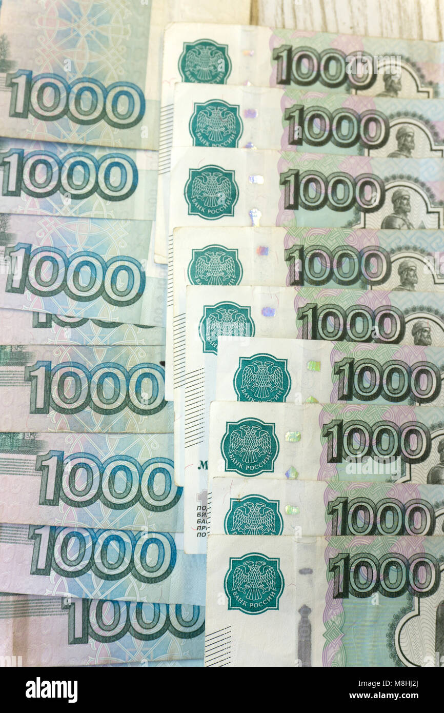 one-thousand rubles banknotes in shape of fan. russian paper money for ...