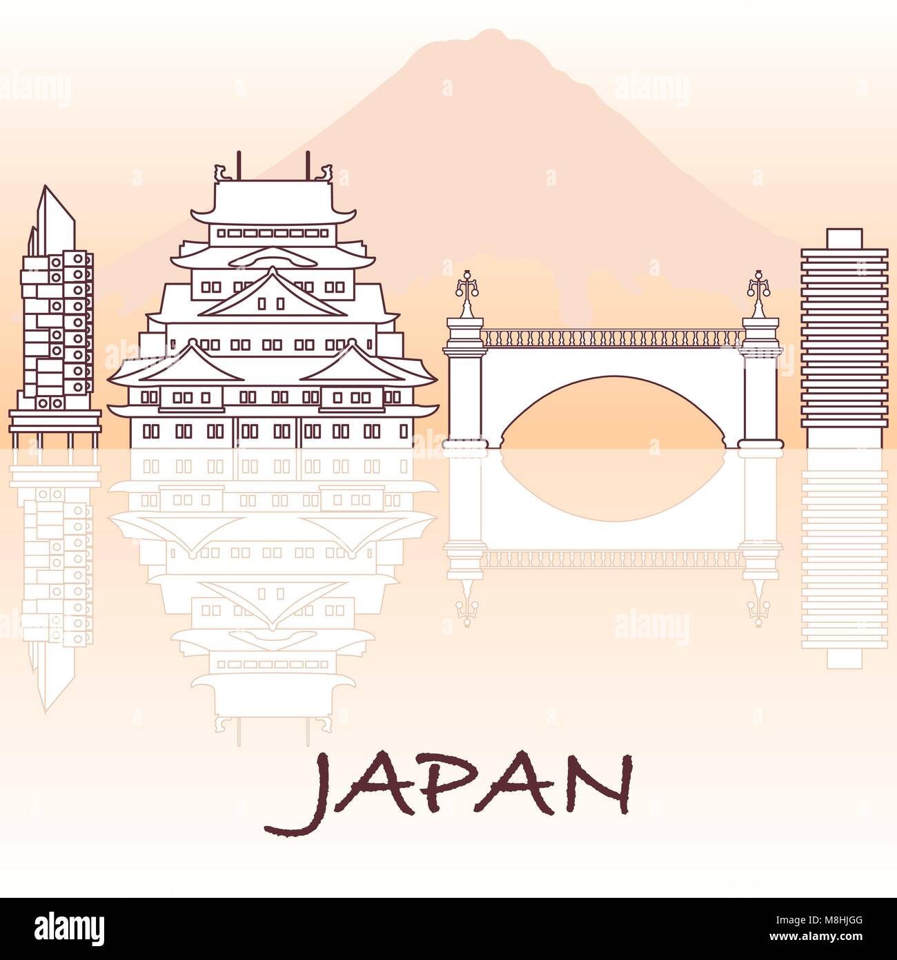 Japanese architecture. Building, suspension bridge and castle. Backdrop ...