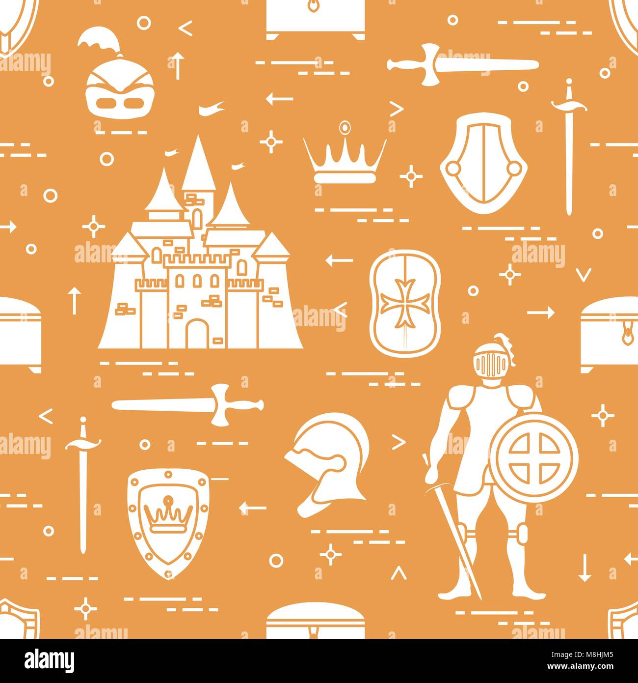 Seamless pattern with knight, castle, shields, swords, cuirass, helmet ...