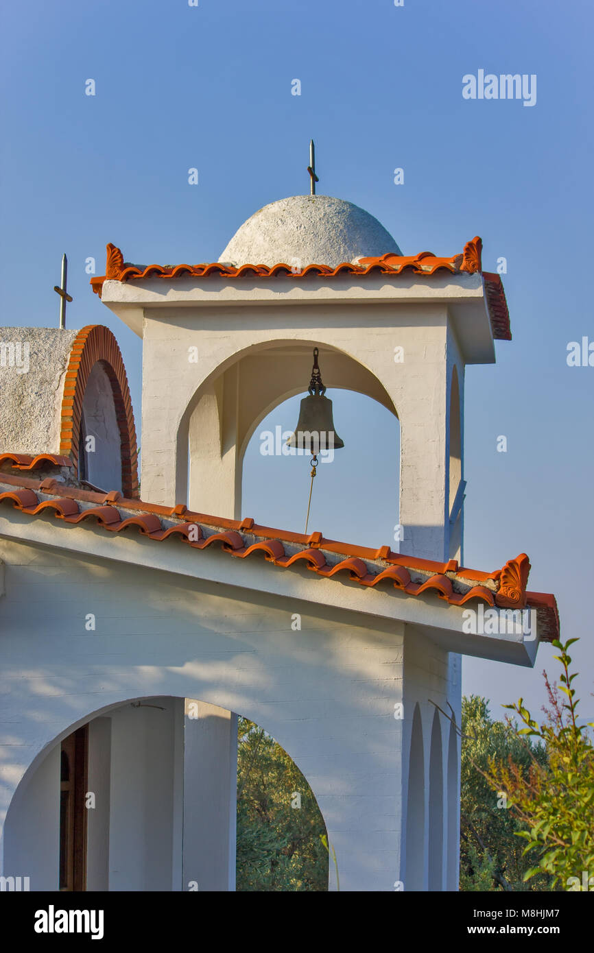 Small bell tower on the church on Skiathos island, Greece Stock Photo ...