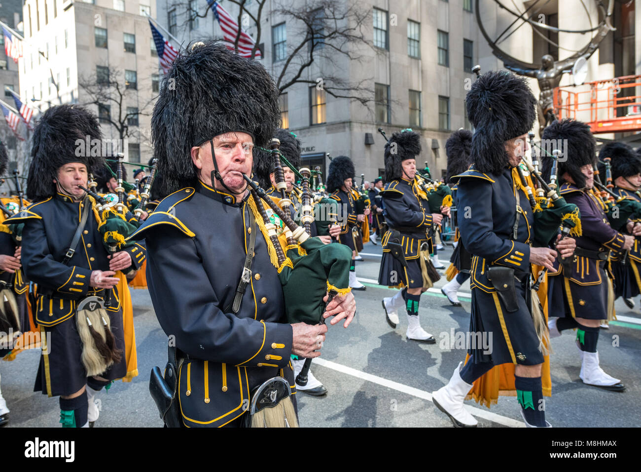 New York, USA, 17 Mar 2018. A regiment of Pipers from the Emerald ...