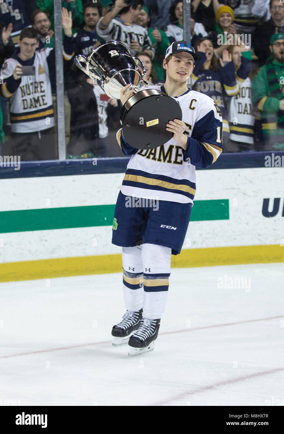 Overtime. 17th Mar, 2018. Notre Dame forward Jake Evans (18) skates ...