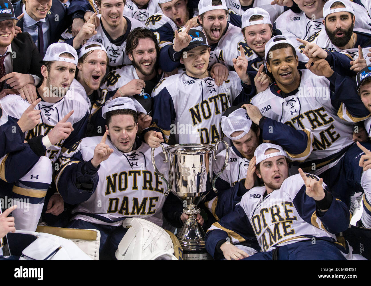 Overtime. 17th Mar, 2018. Notre Dame players celebrate Big Ten Hockey ...