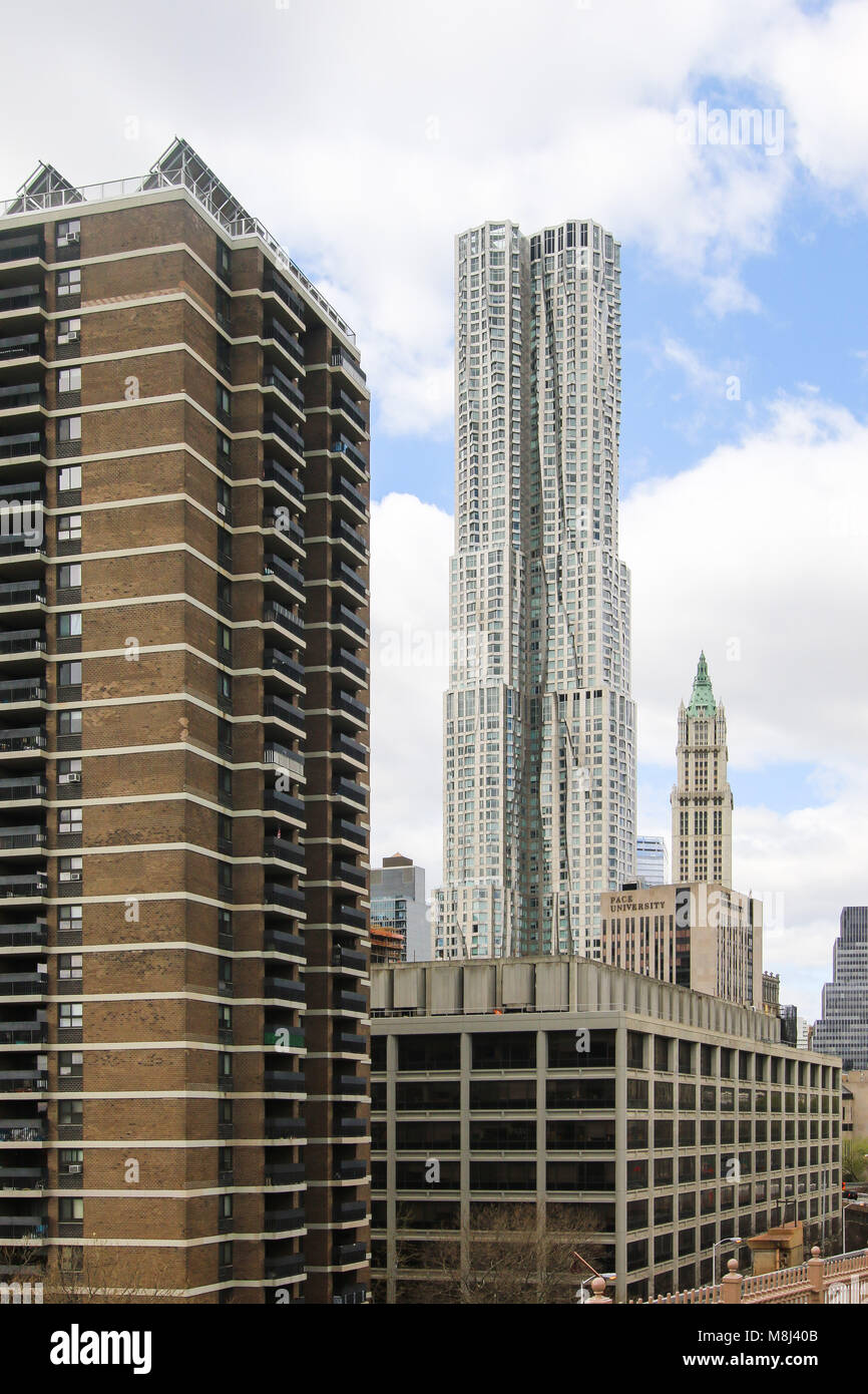 NEW YORK CITY-APRIL 23: New York city architecture near Brooklyn Bridge ...