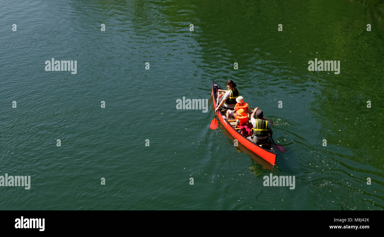 Upper Danube Valley (Oberes Donautal): Canoe with paddlers on river ...