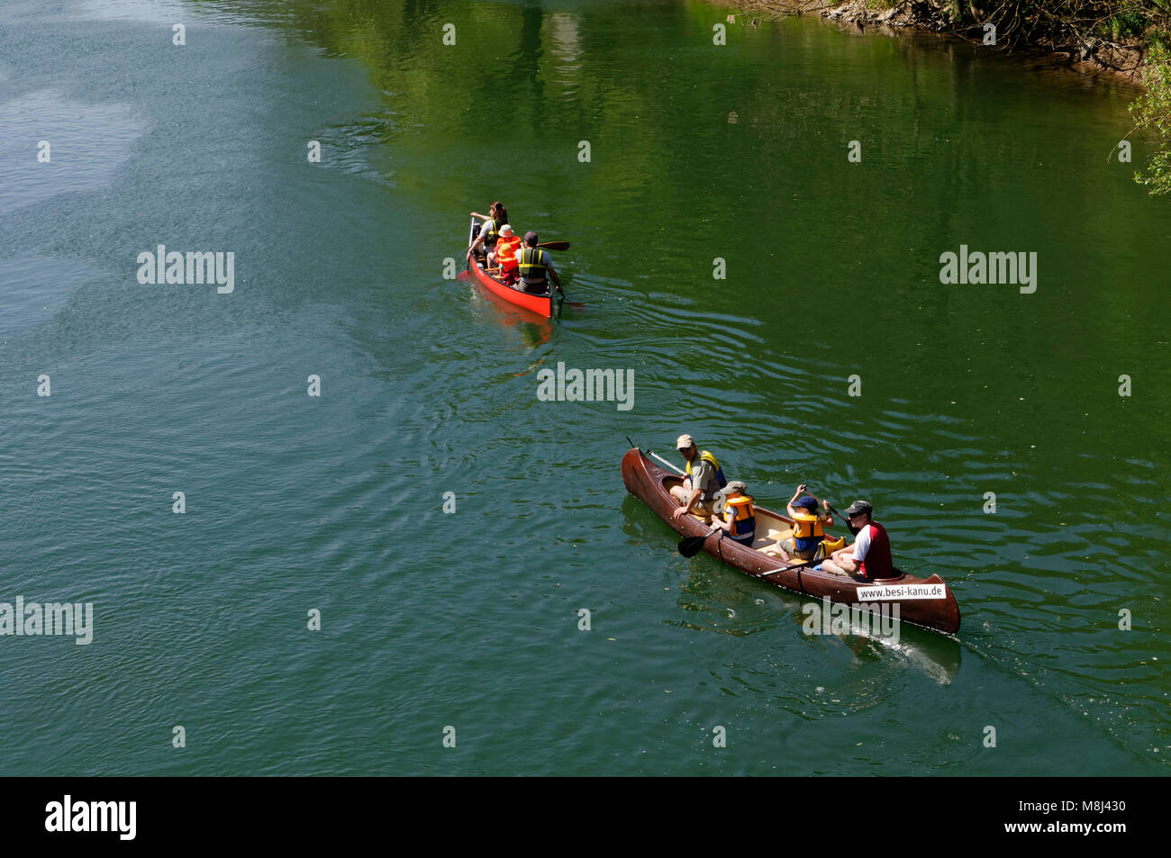 Upper Danube Valley (Oberes Donautal): Canoes with paddlers on river ...