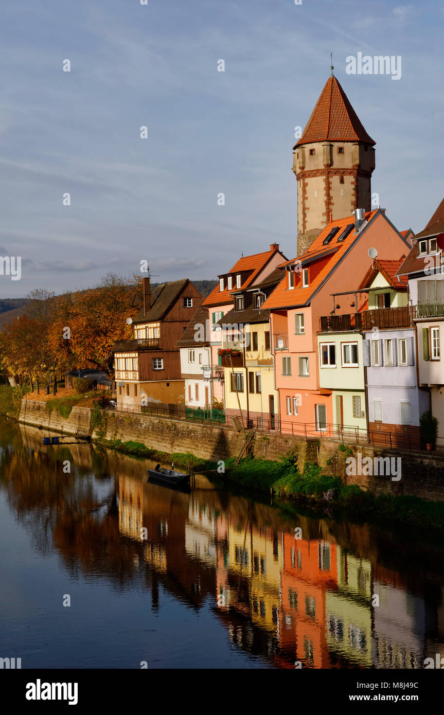Wertheim: Spitzer Turm and houses at the river Tauber, Main-Tauber ...