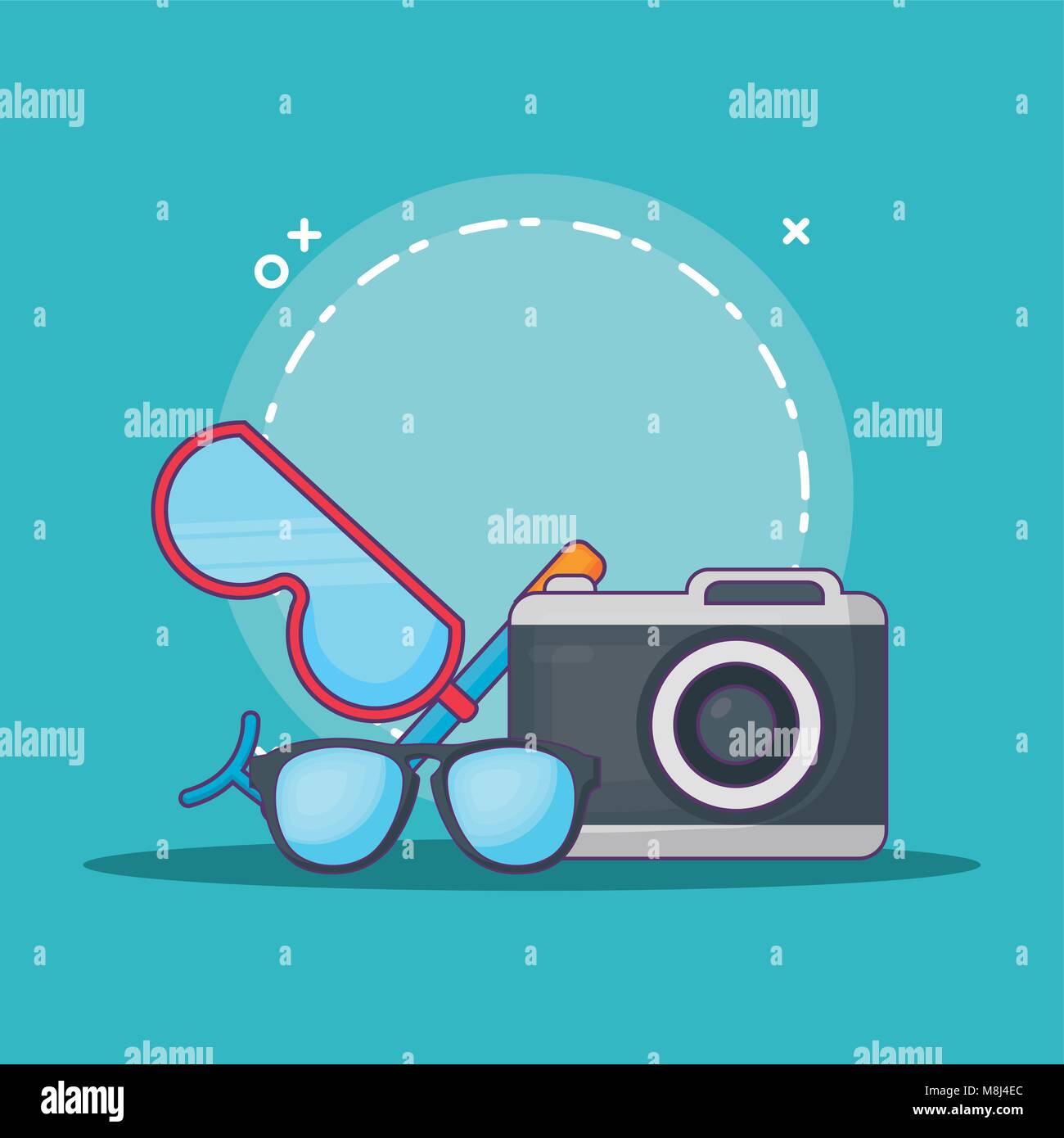 Summer time design with camera and sunglasses over blue background ...