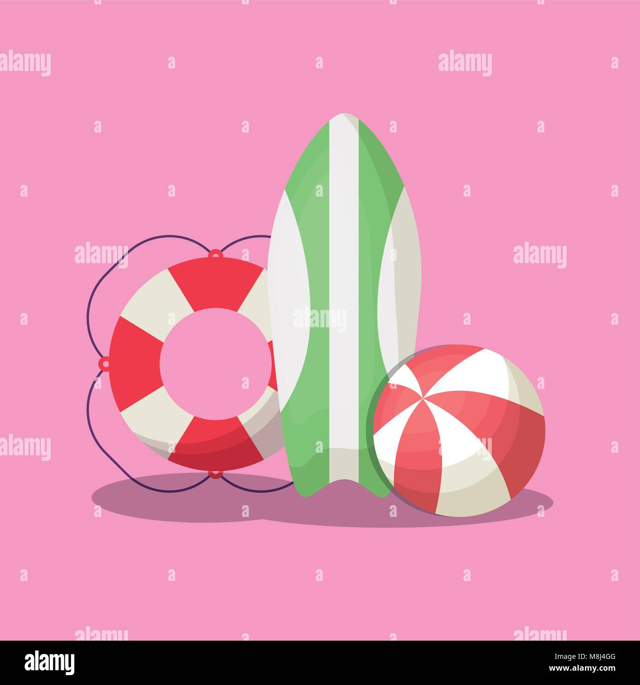 Summer time design with summer float and surfboard over pink background ...