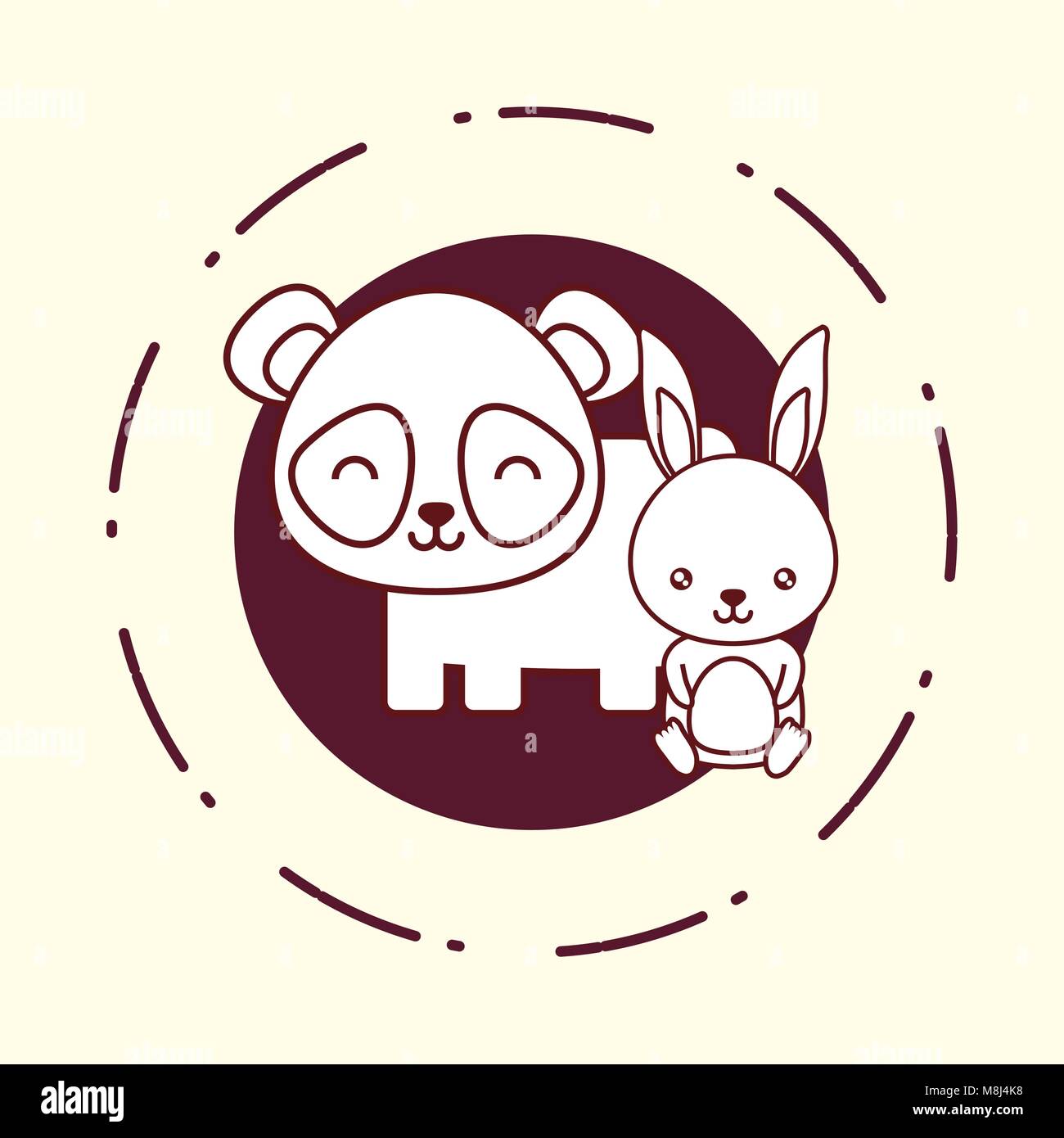 circular frame with cute panda bear and rabbit over white background ...