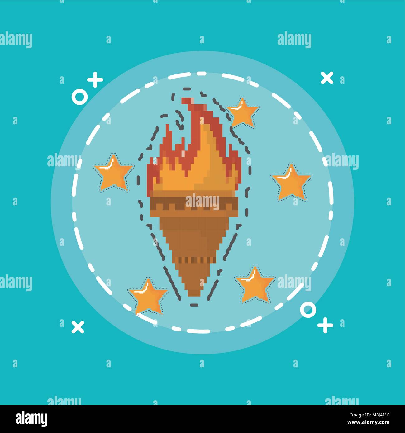 video game design with pixelated torch and stars over blue background ...