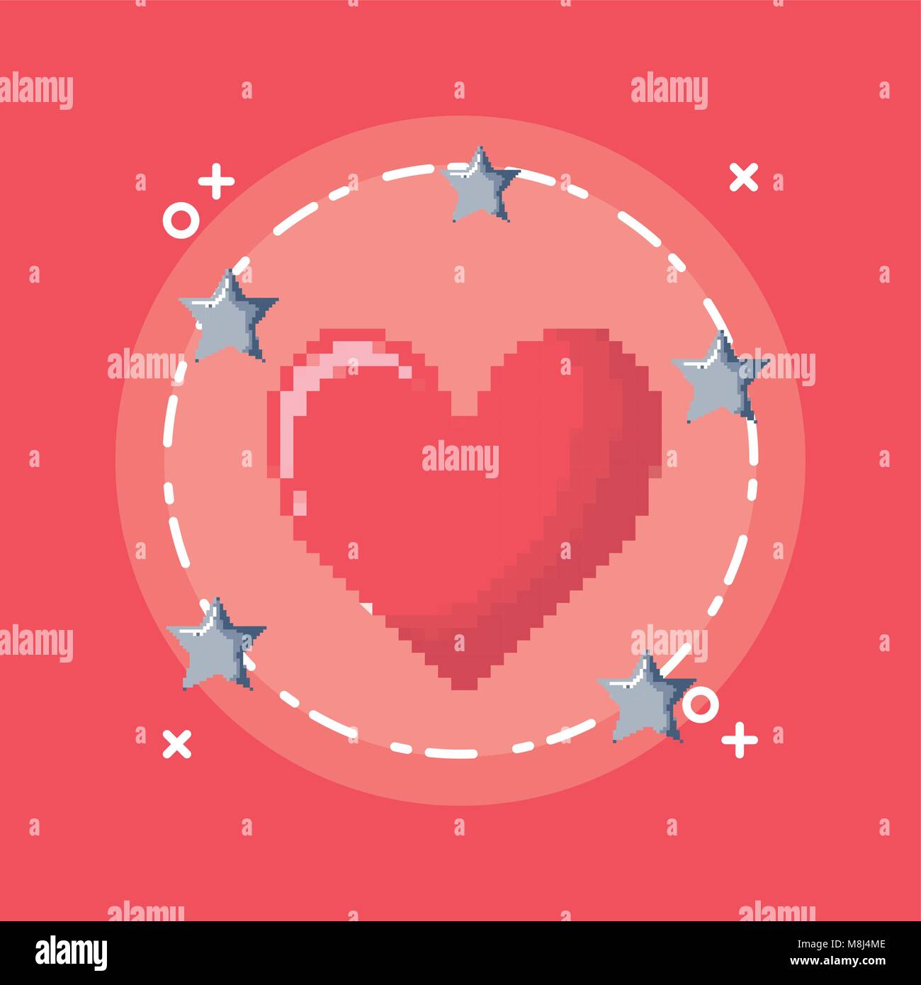 Video Game heart with stars around icon over red background, pixelated ...