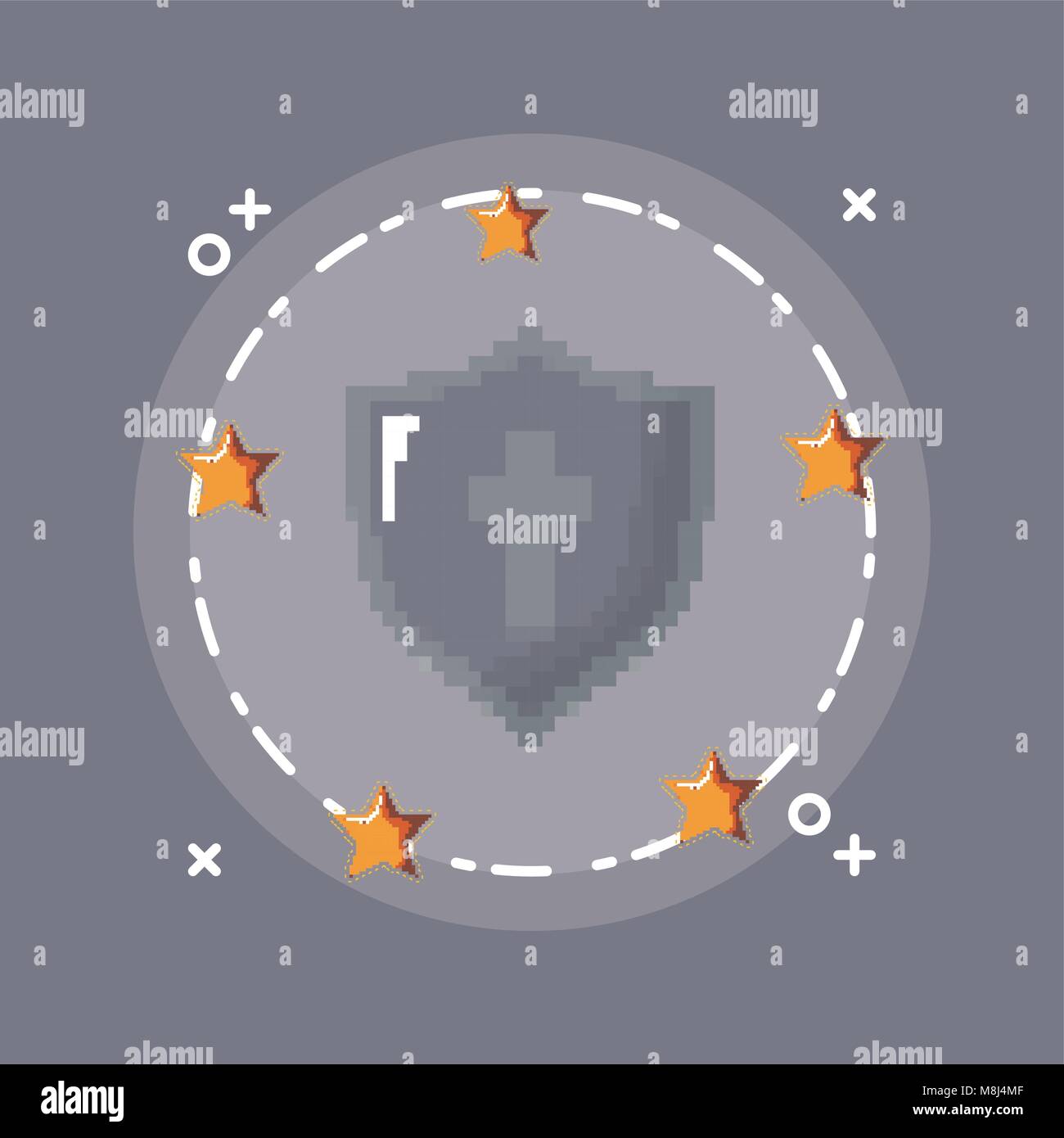 Video game shield with stars around icon over gray background, colorful ...