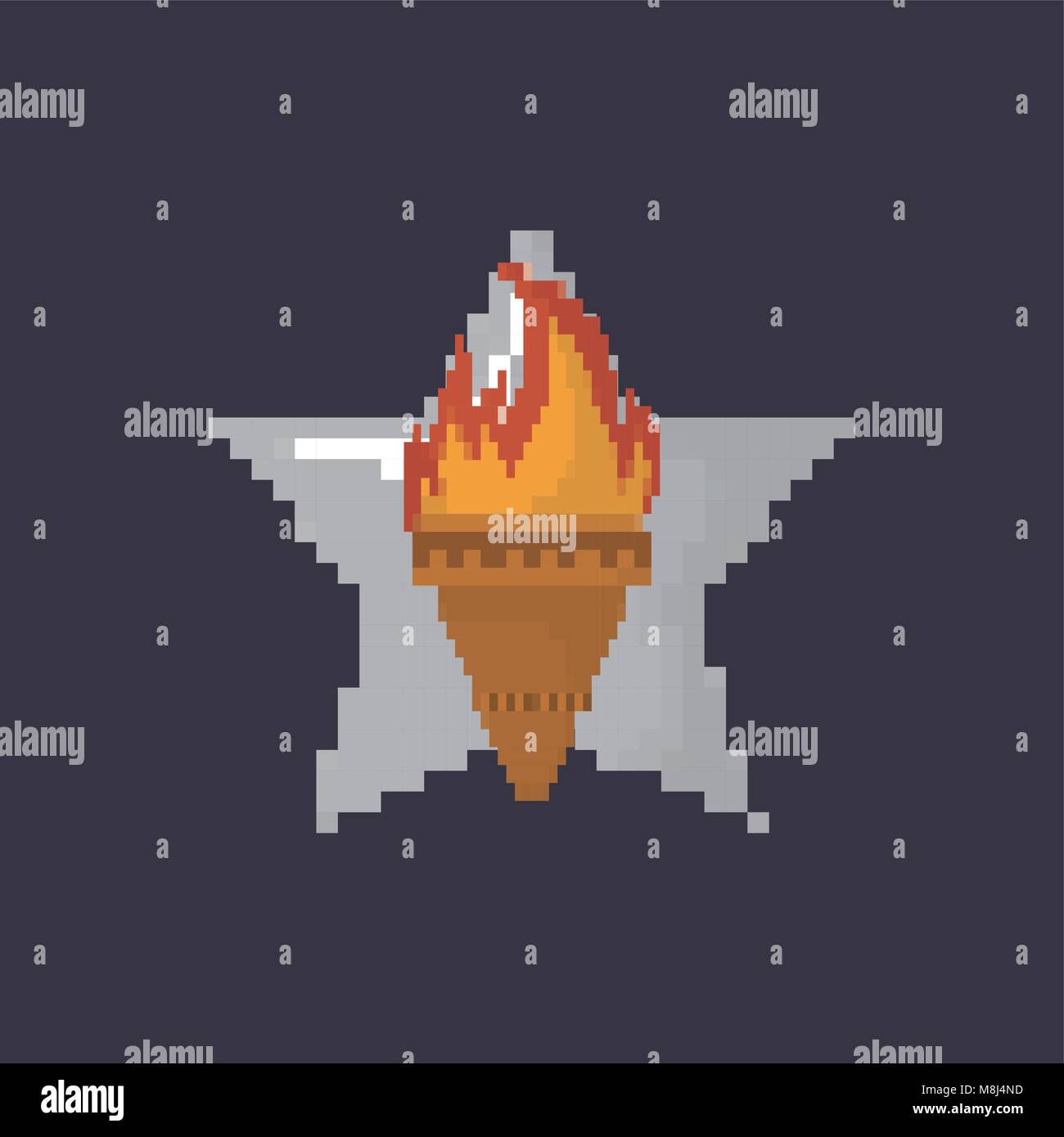 video game design with pixelated torch and star over black background ...