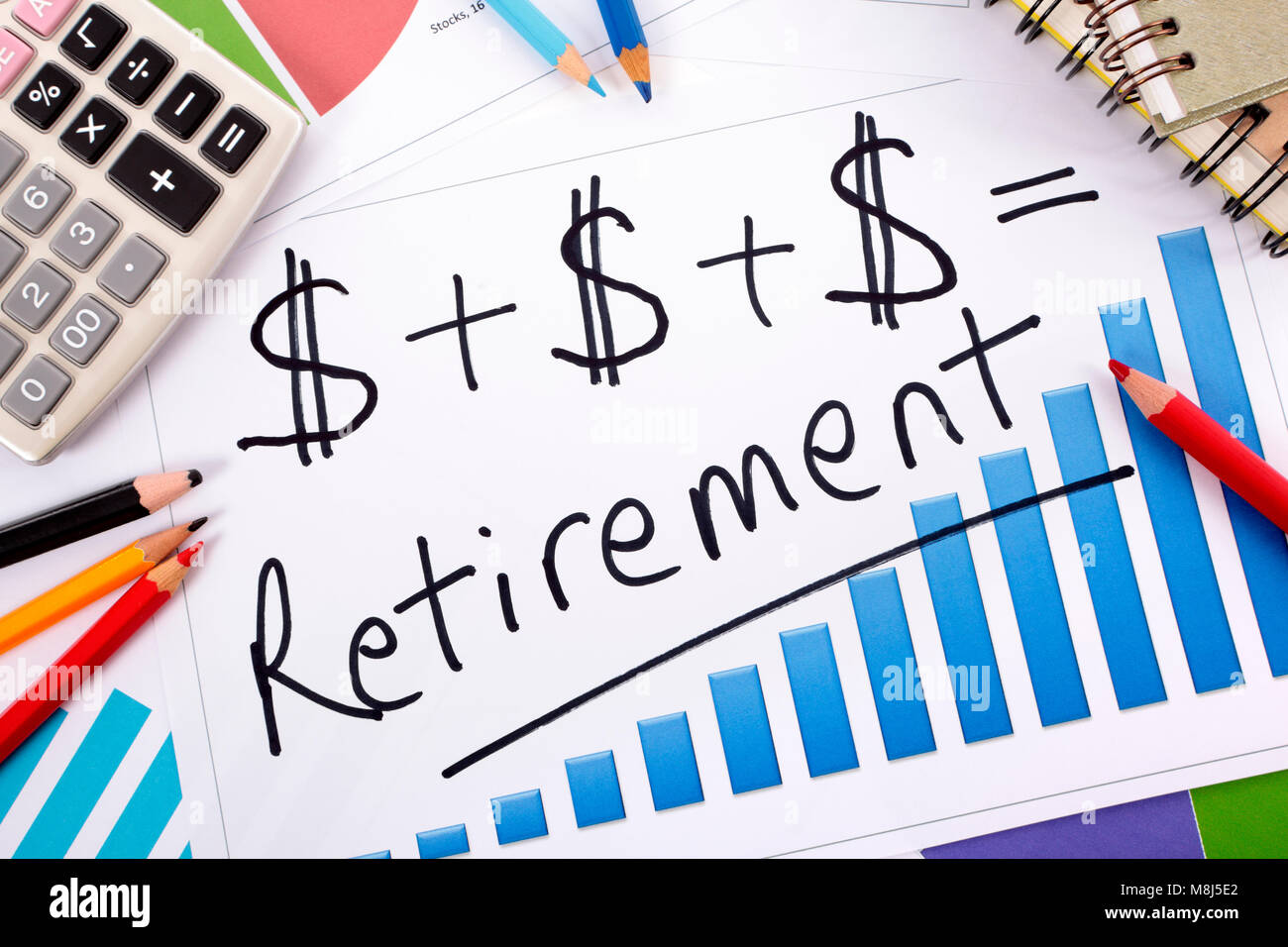 Simple retirement formula written on a bar graph surrounded by ...