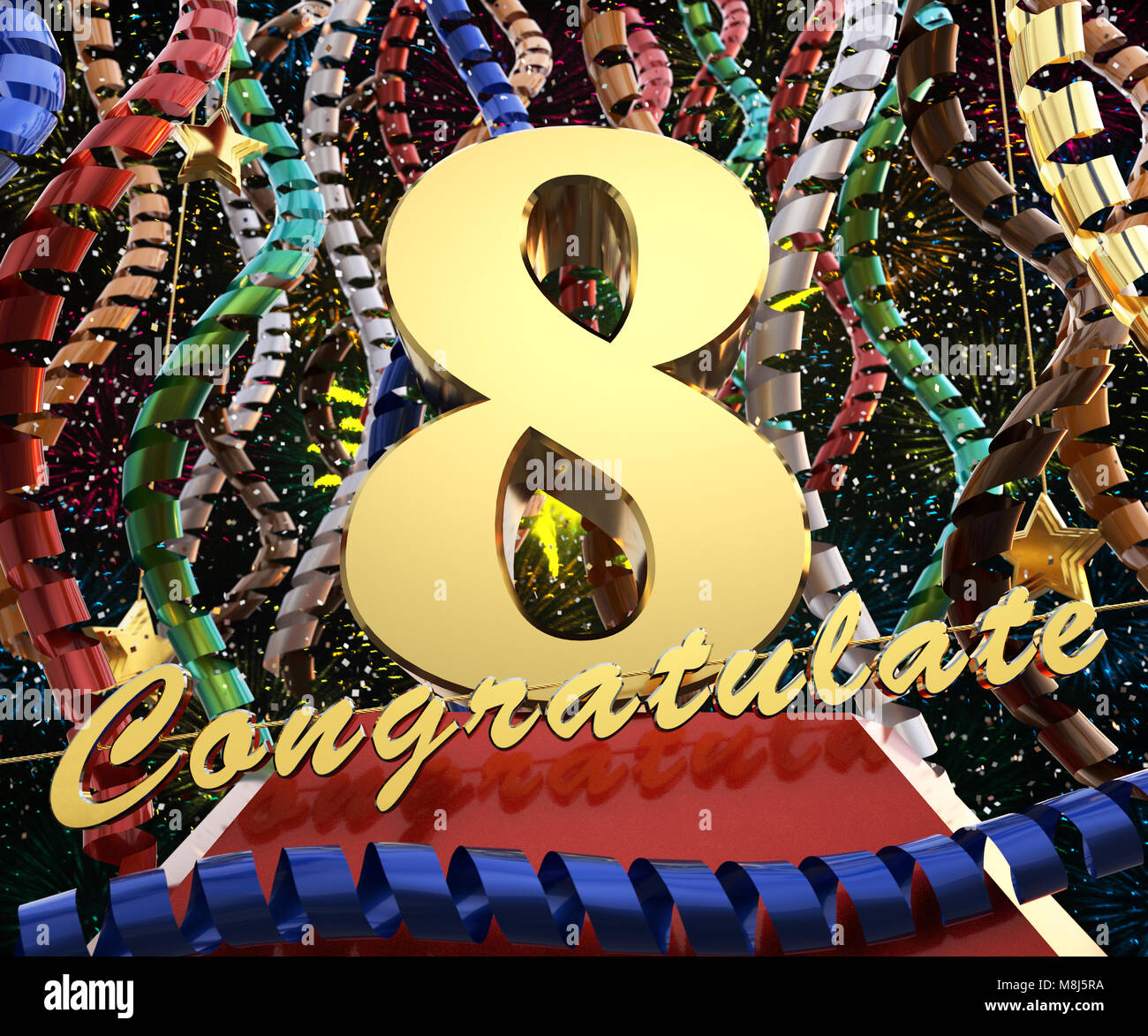 Gold number eight with the words congratulations on a background of ...