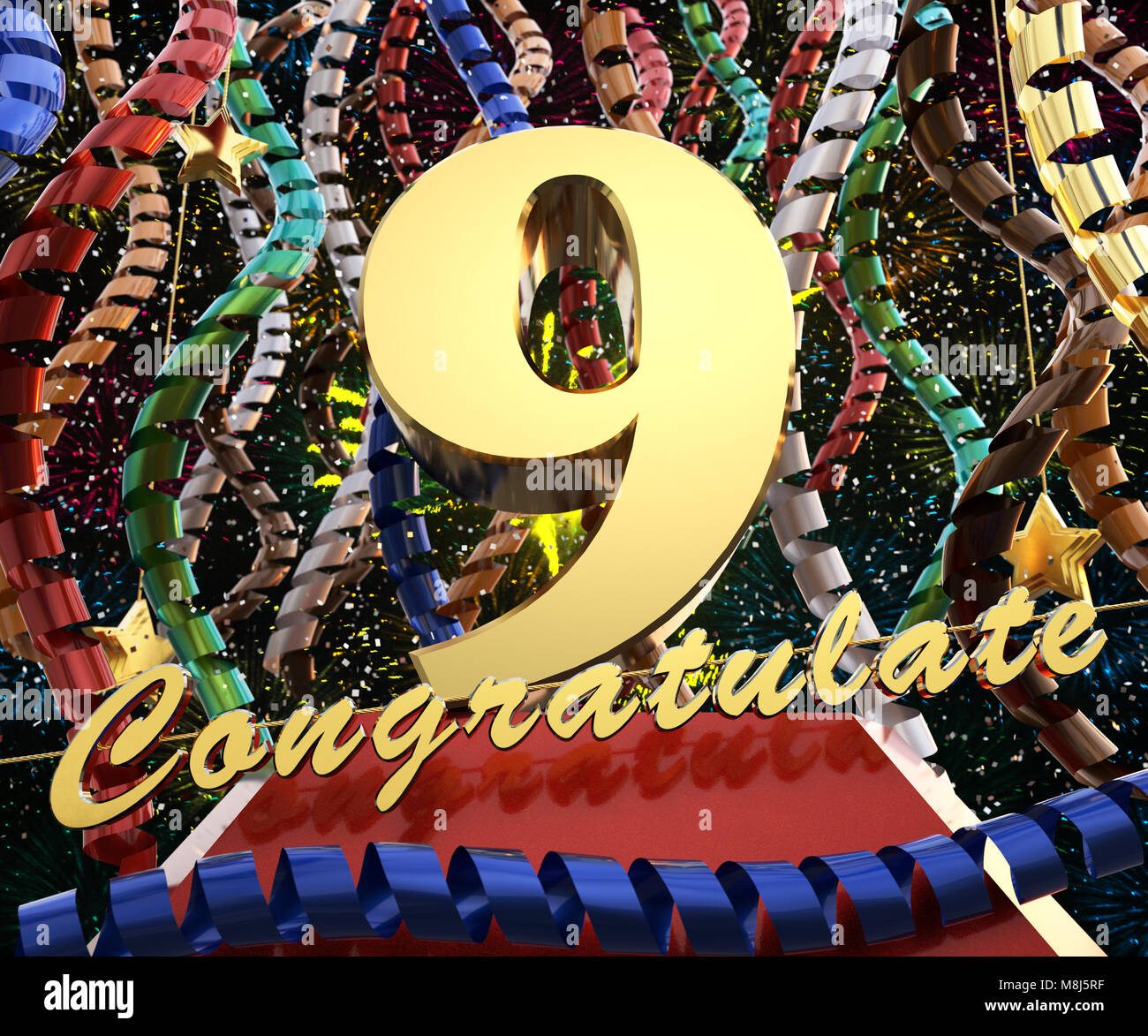 Gold number nine with the words congratulations on a background of ...