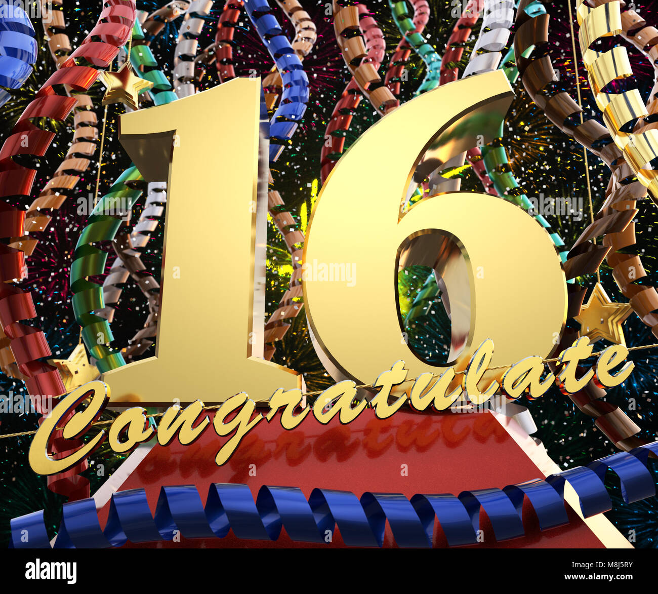 Gold number sixteen with the word congratulate on a background of ...