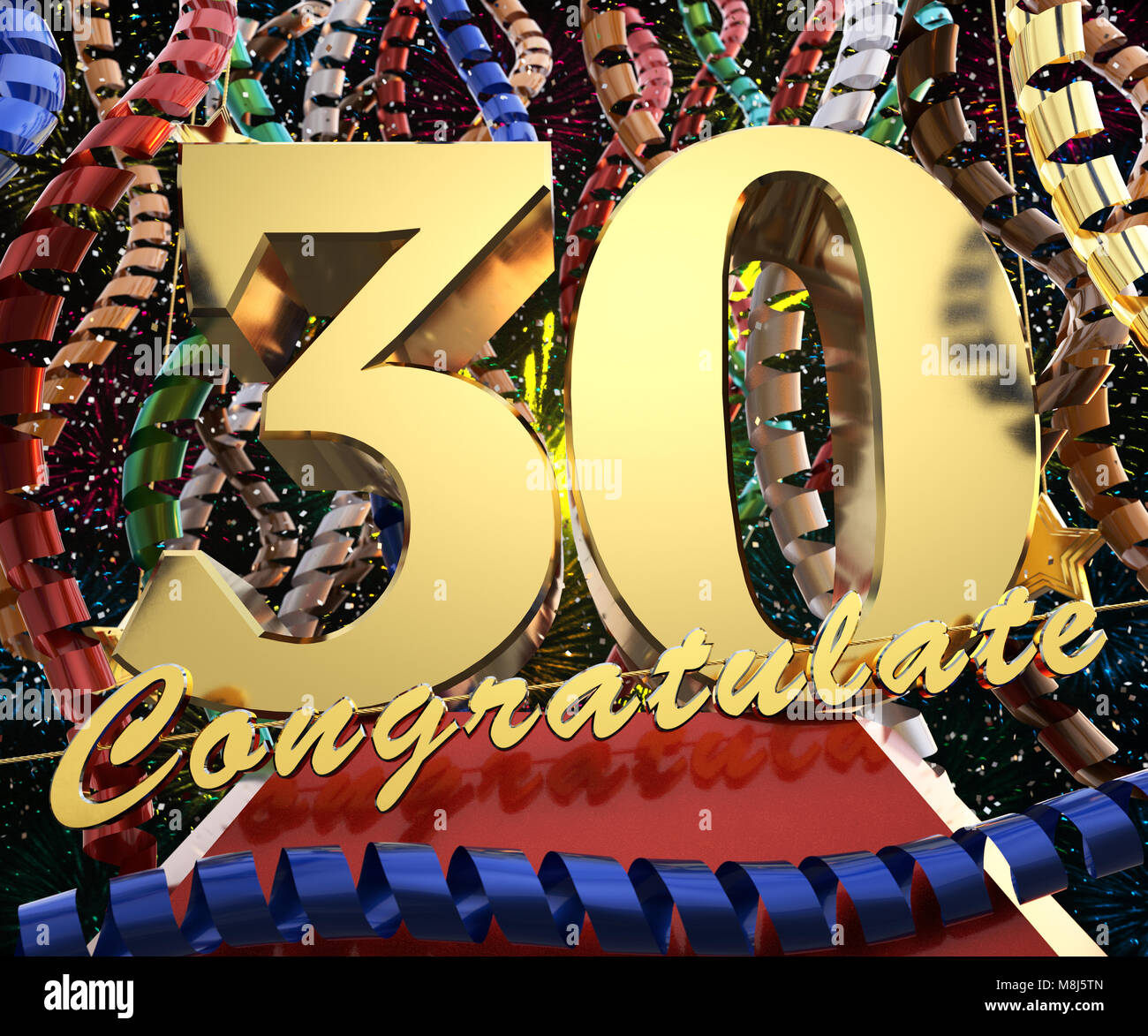 Gold number thirty with the words congratulations on a background of ...