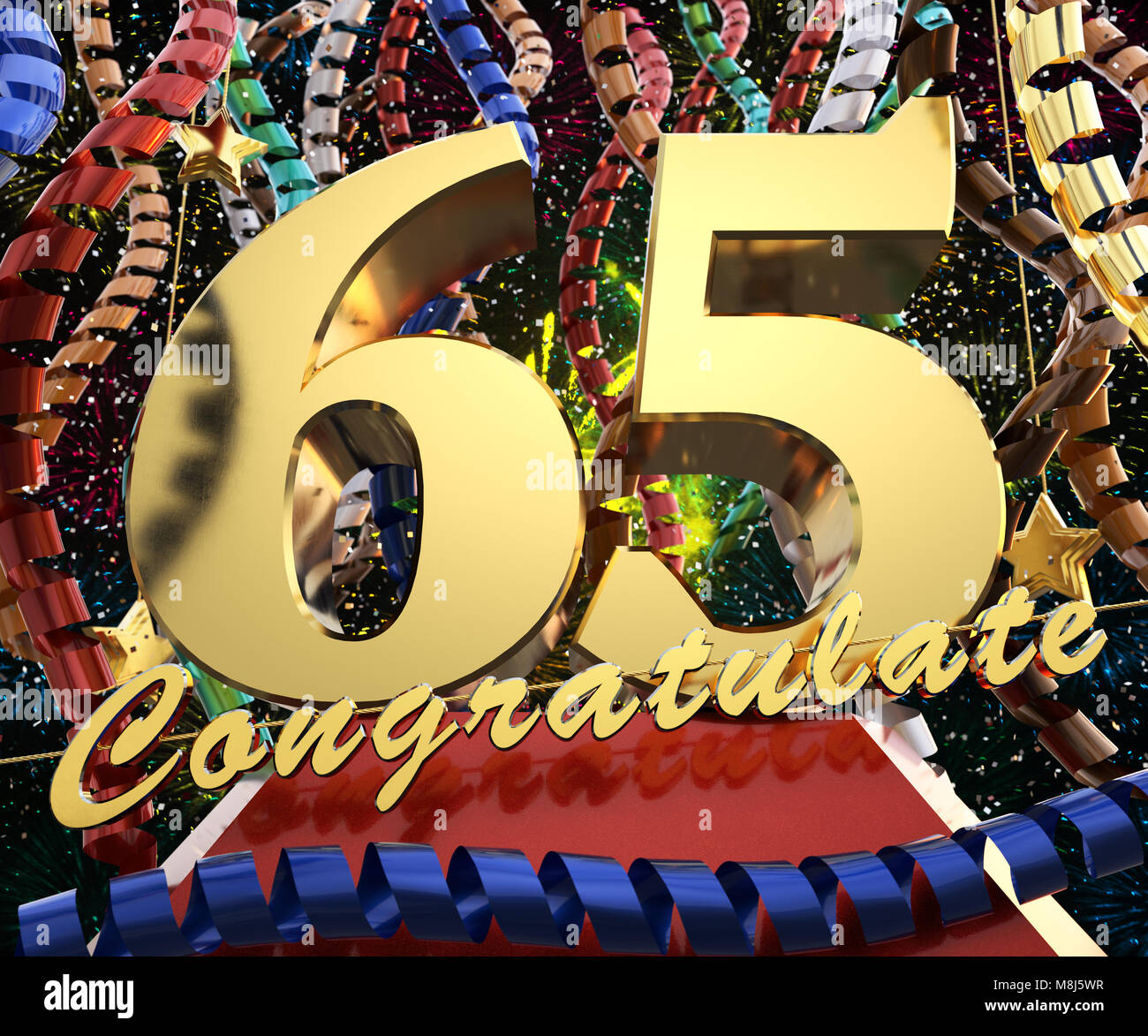 Gold number sixty five with the word congratulate on a background of ...