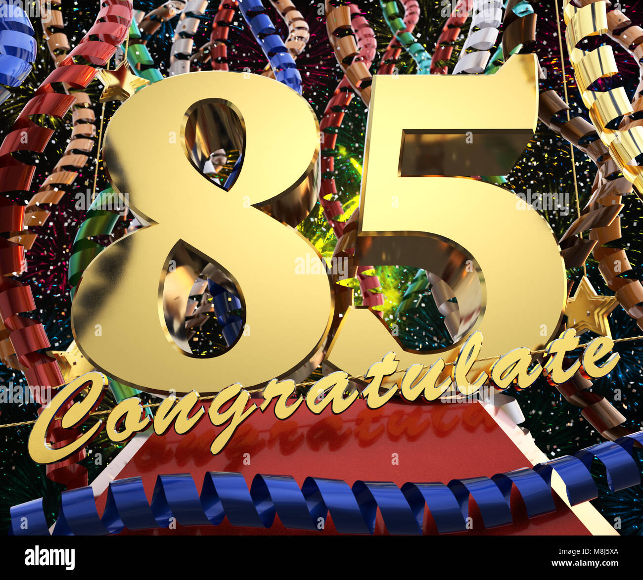 Gold number eighty five with the word congratulate on a background of ...