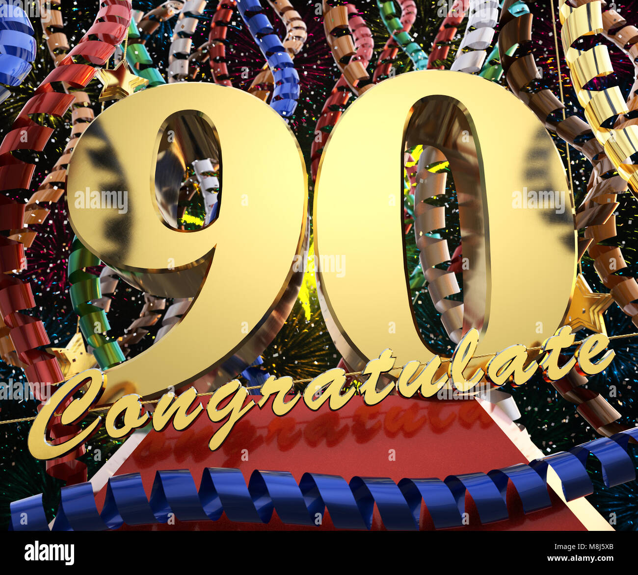 Gold number ninety with the words congratulations on a background of ...