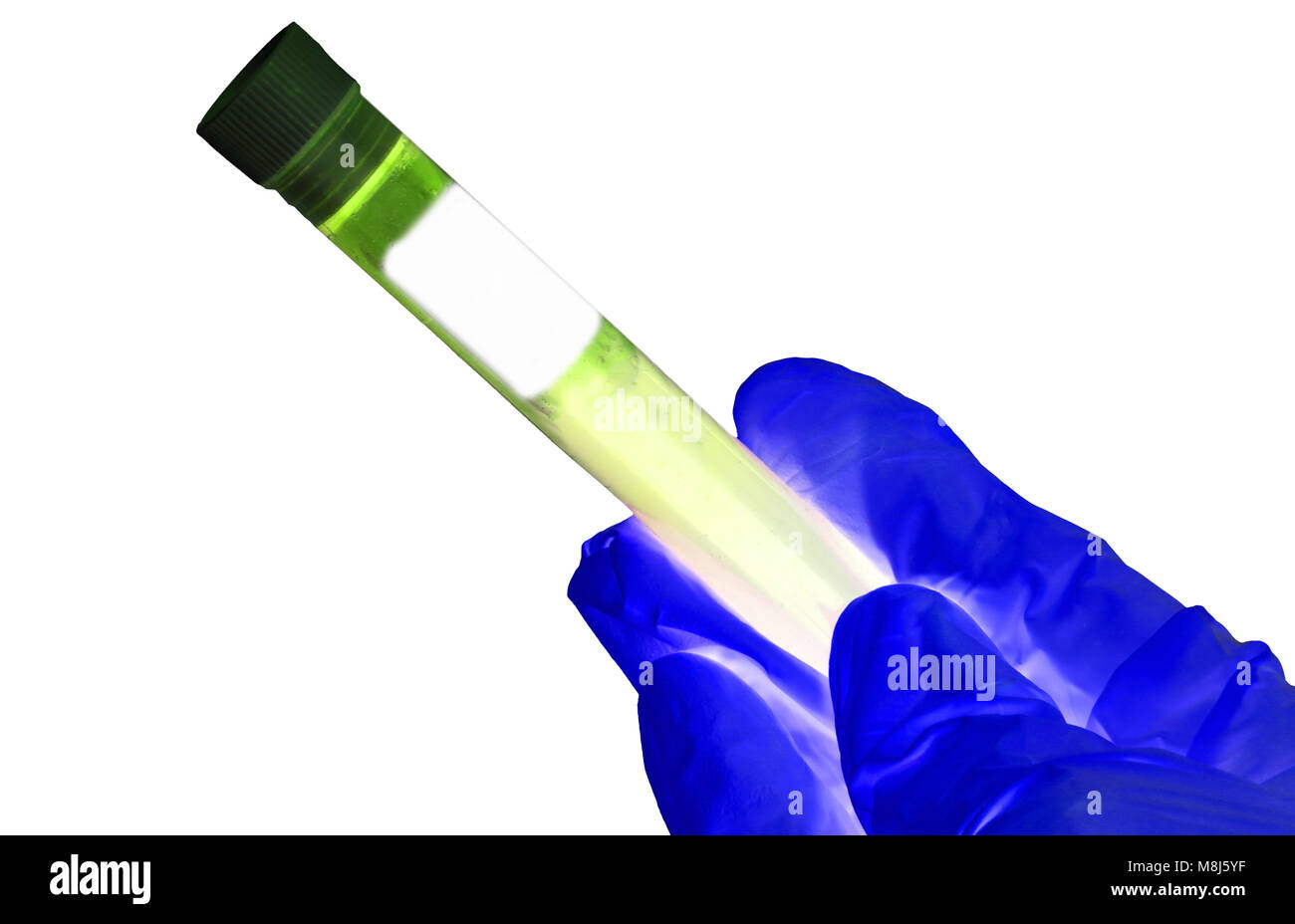 small tube with green sample of a radioactive substance and a blue ...