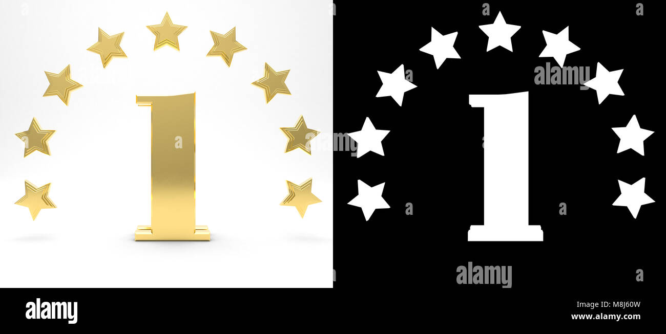 Golden number one on white background with drop shadow and alpha ...