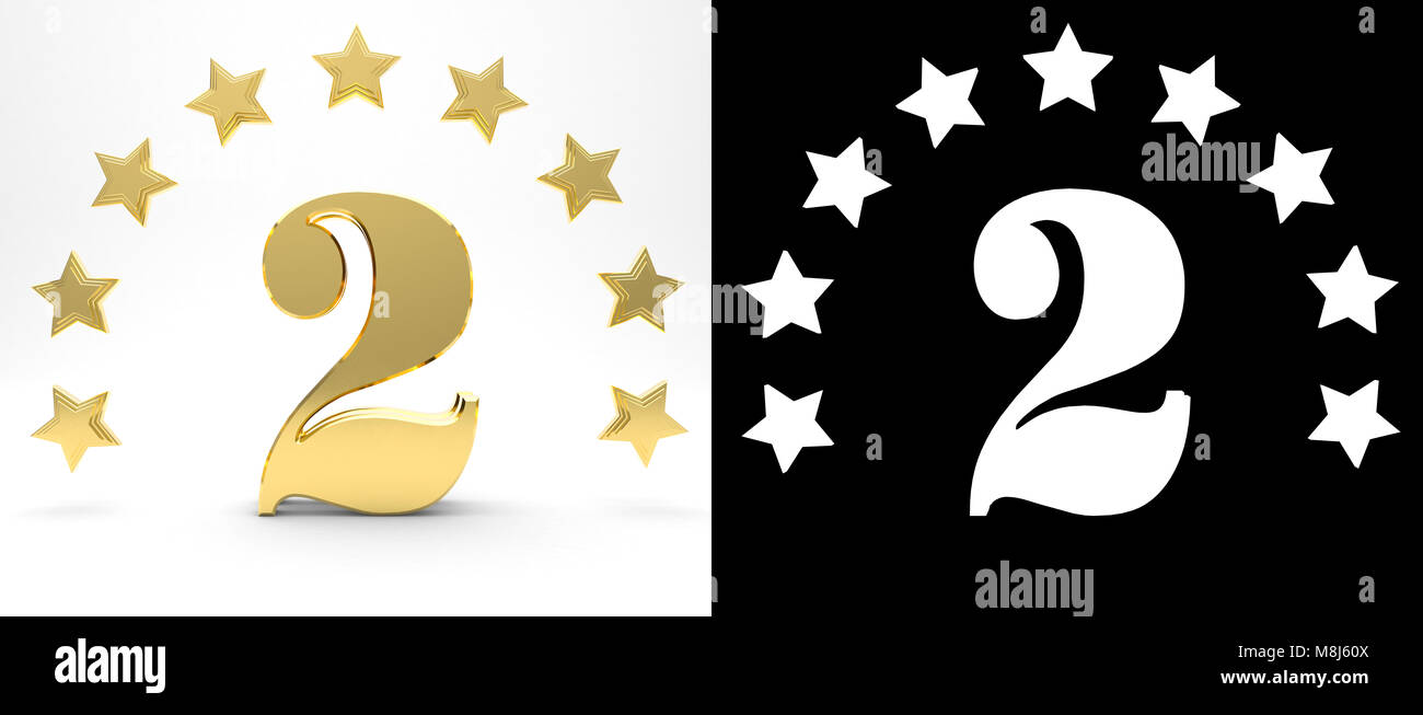 Golden number two on white background with drop shadow and alpha ...