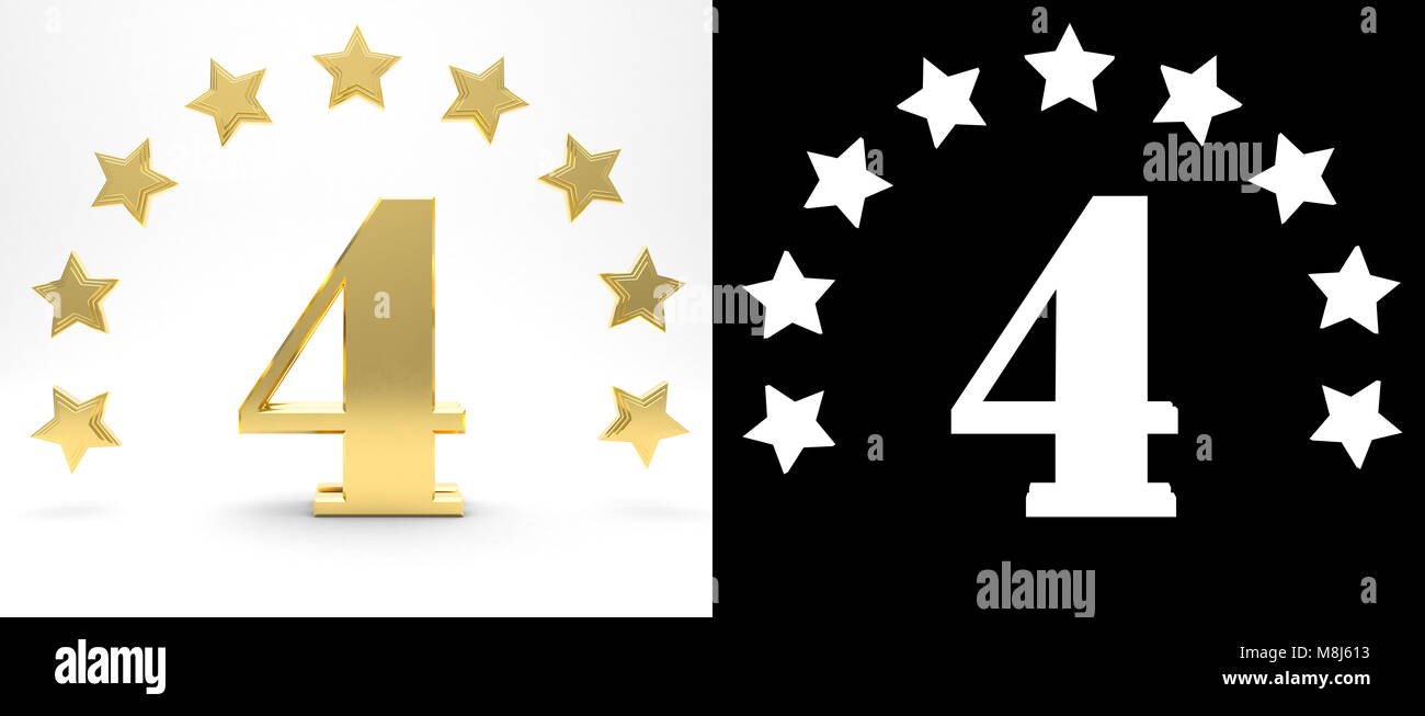 Golden number four on white background with drop shadow and alpha ...