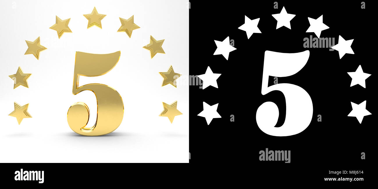 Golden number five on white background with drop shadow and alpha ...
