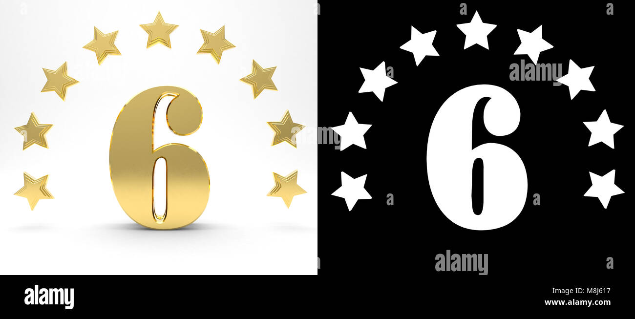 Golden number six on white background with drop shadow and alpha ...