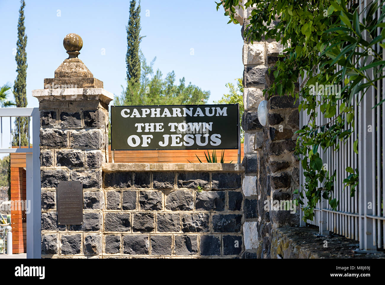 Entrance sign to Capharnaum, The town of Jesus in Galilee Stock Photo ...