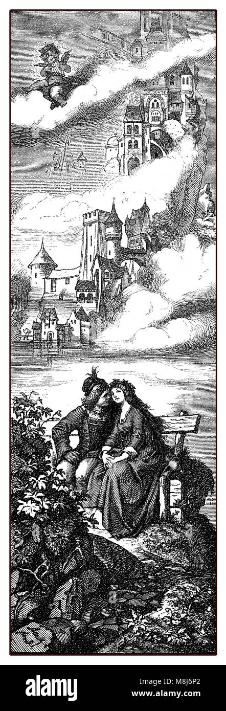 Young lovers sitting embraced, medieval castles and Cupid playing a ...
