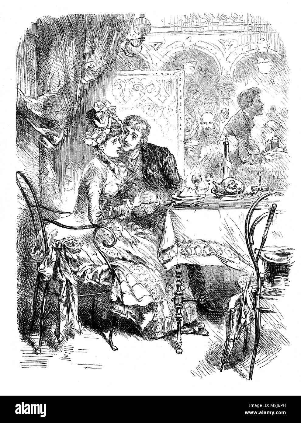 Romance at the restaurant: young man courting a shy girl in a booth ...