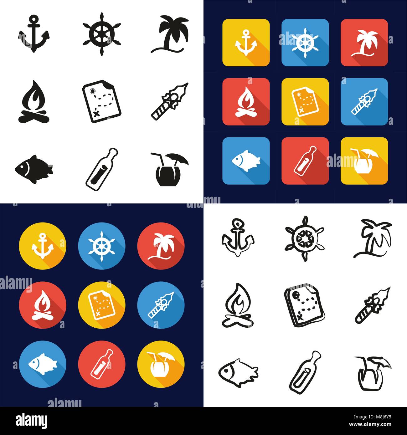Desert Island All in One Icons Black & White Color Flat Design Freehand ...